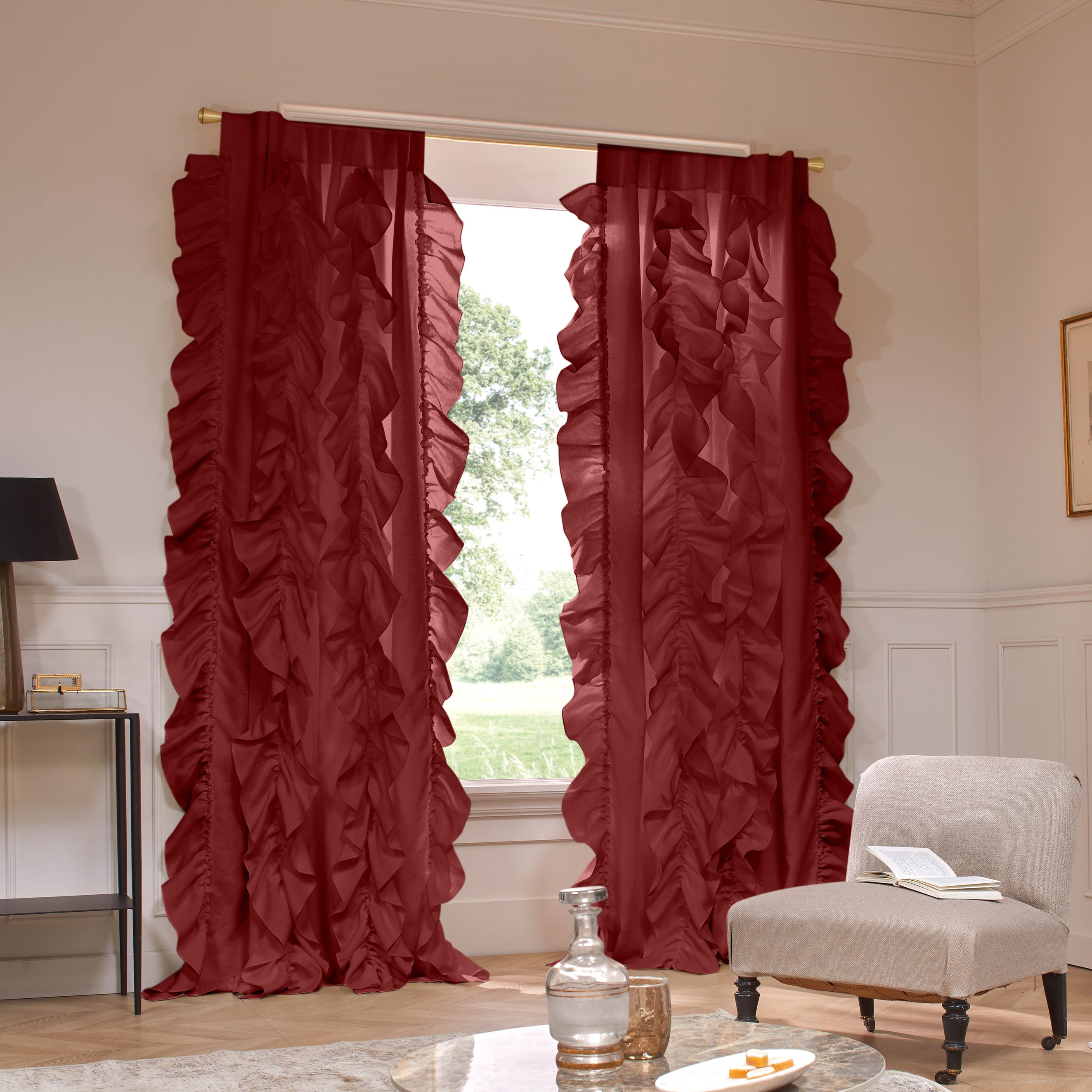 Custom ruffled brick red linen curtain | Linenshed
