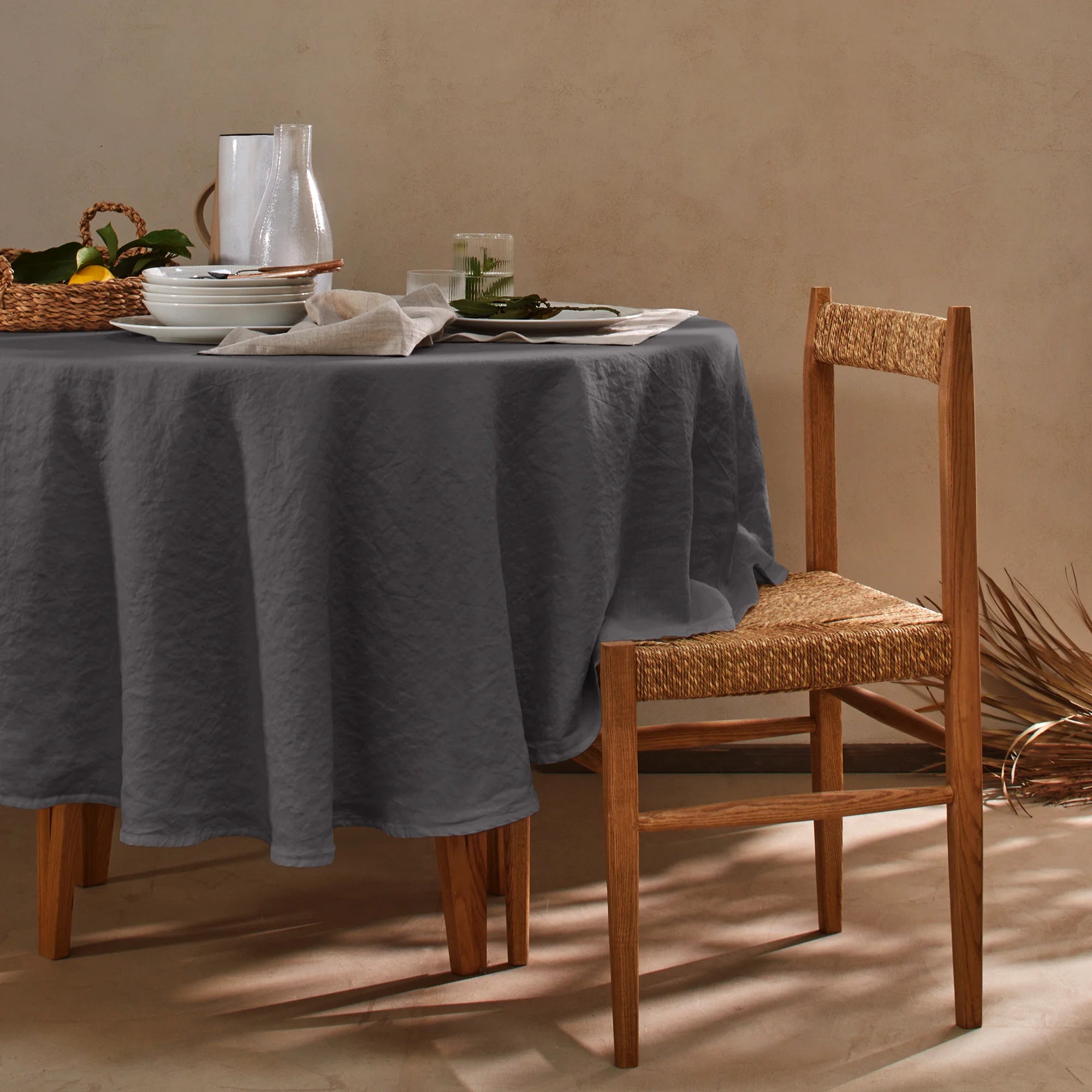 Round dark grey washed linen tablecloth | Linenshed
