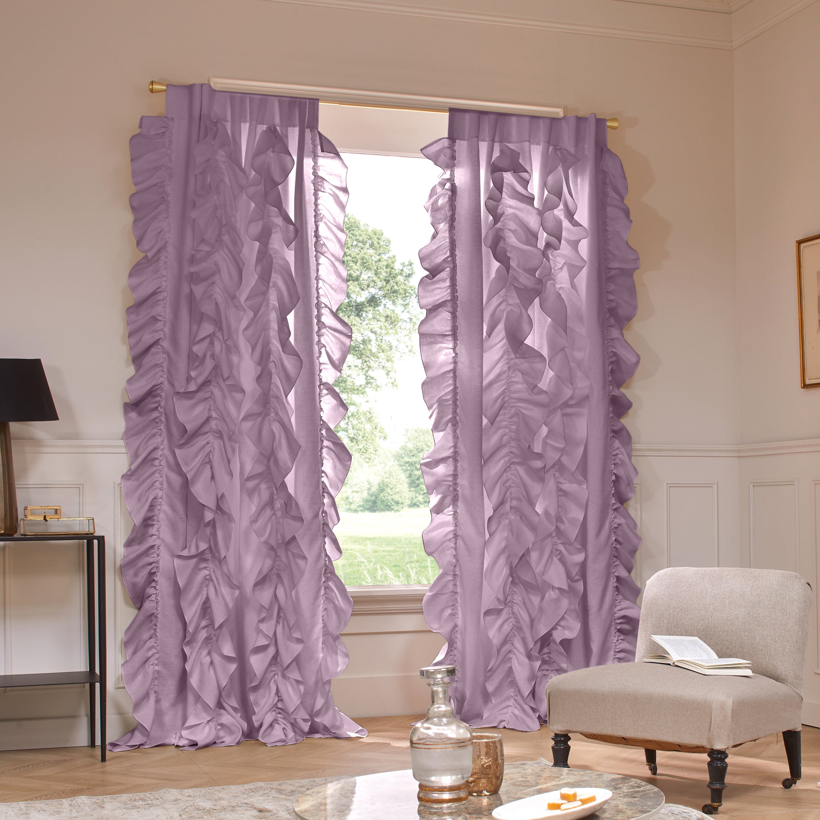 Custom ruffled lilac linen curtain | Linenshed
