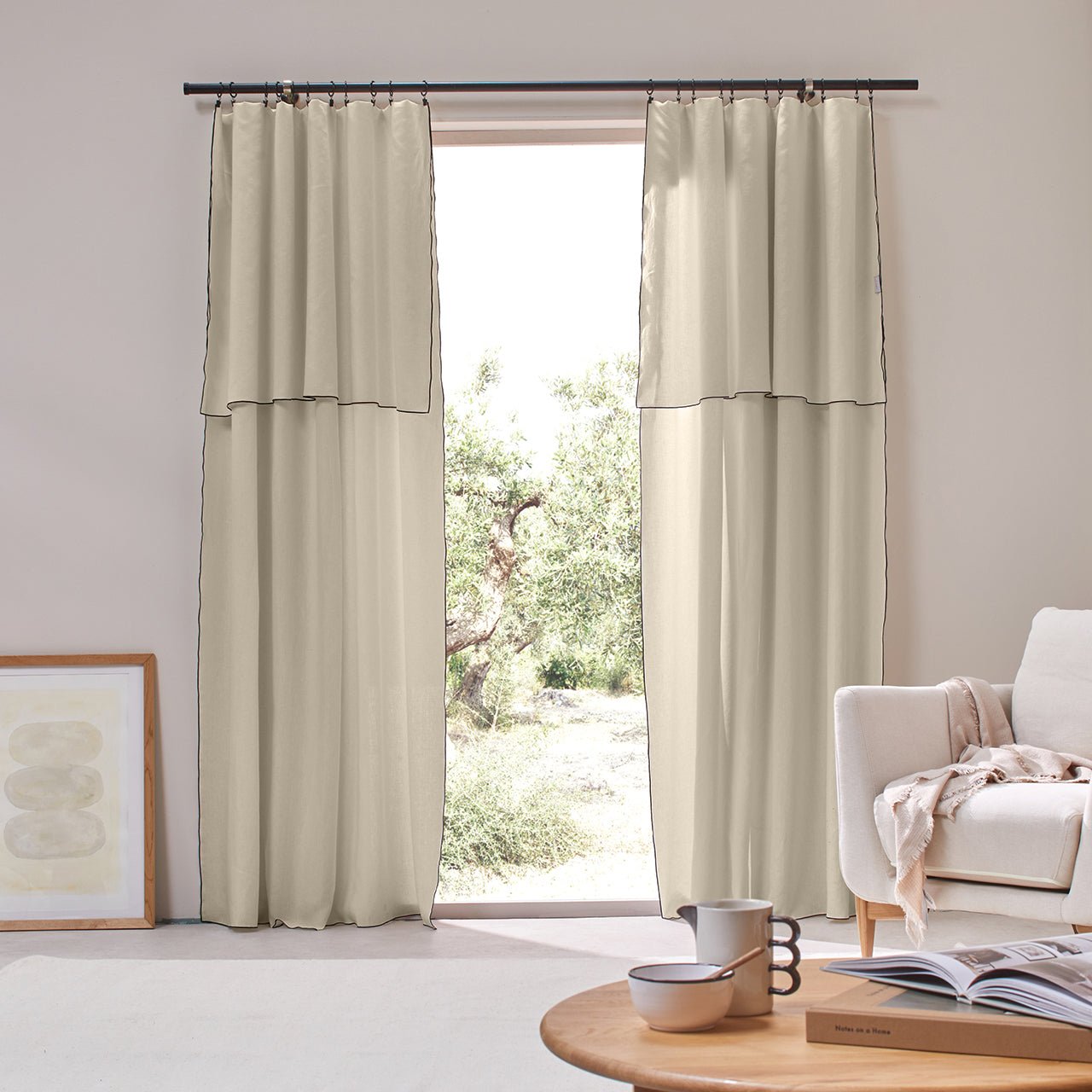 Custom-made Linen Curtain panel with bourdon edge in natural | Linenshed