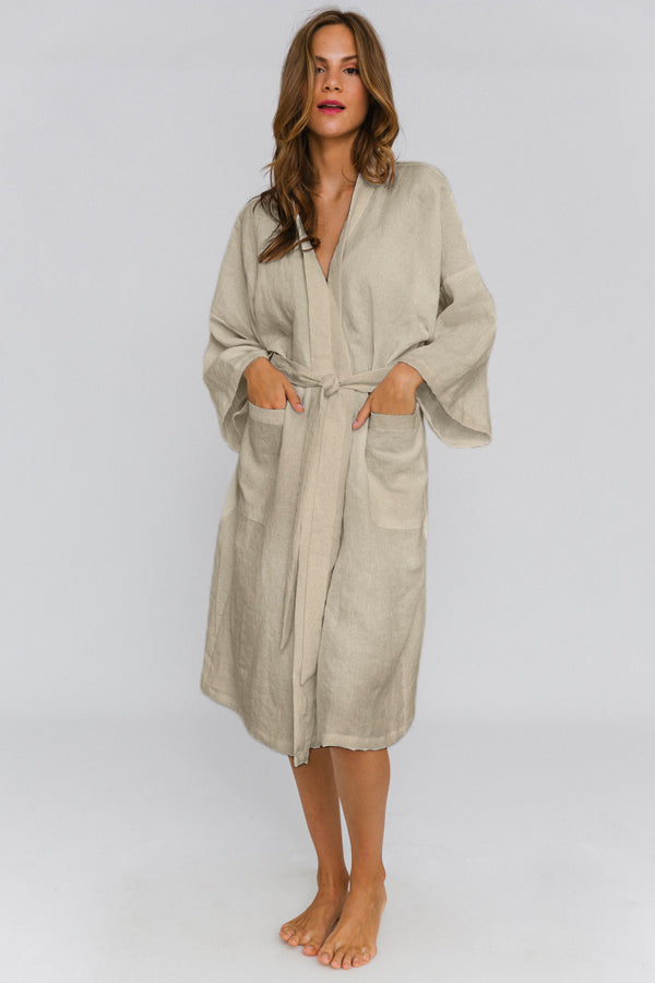Linen Kimono bath robe beige | Linenshed