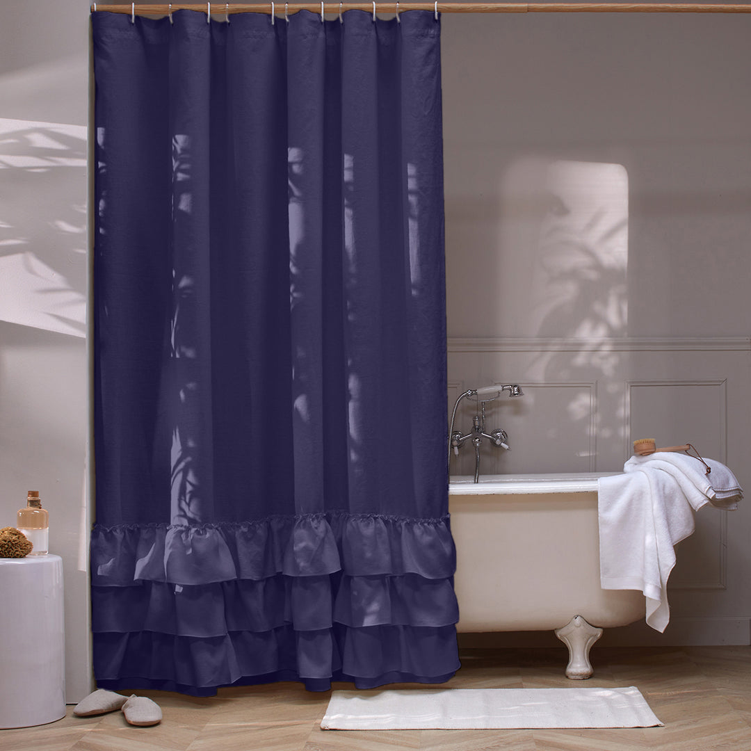 Ruffled shower curtain in night blue linen Linenshed