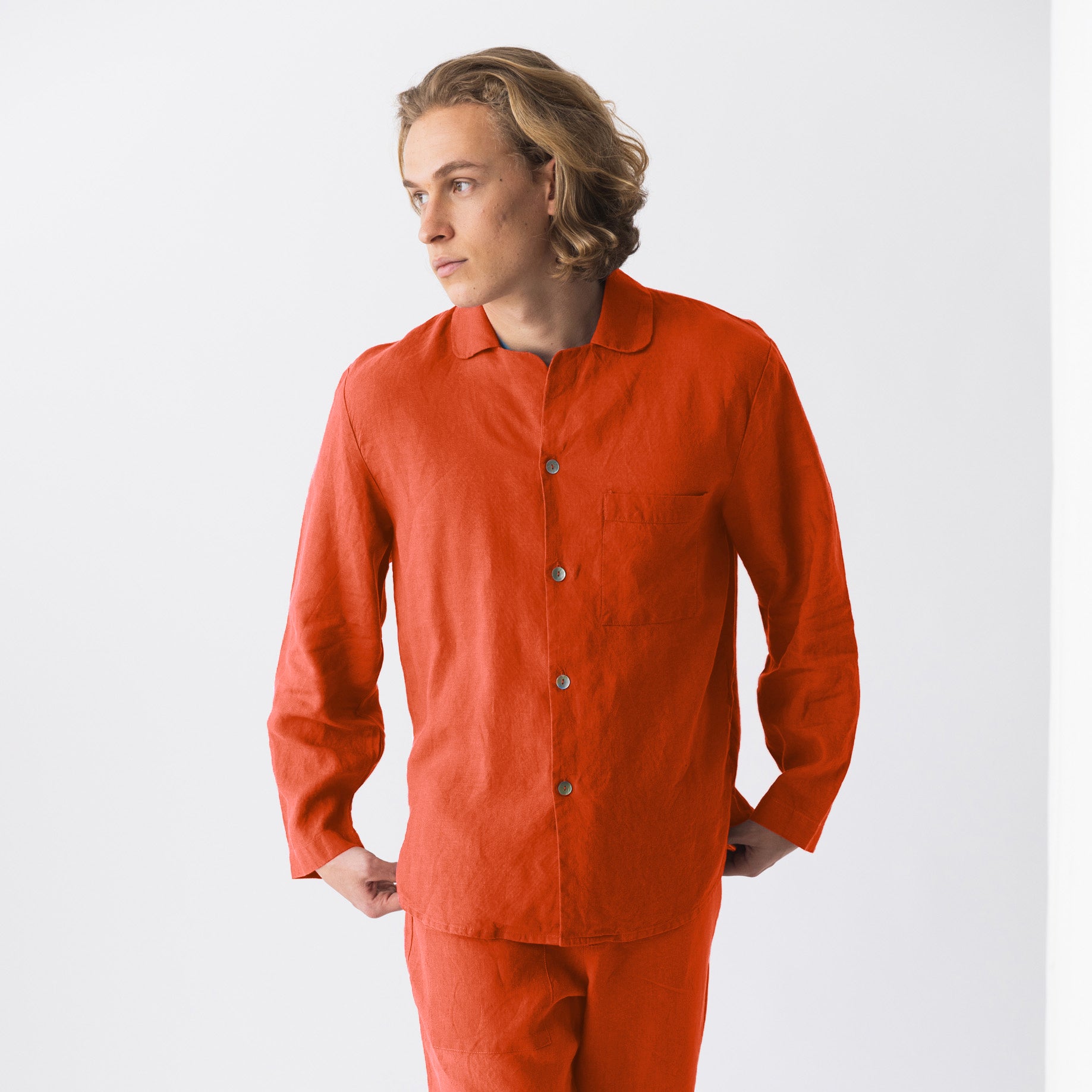 Long sleeves pajama jacket in coral linen | Linenshed