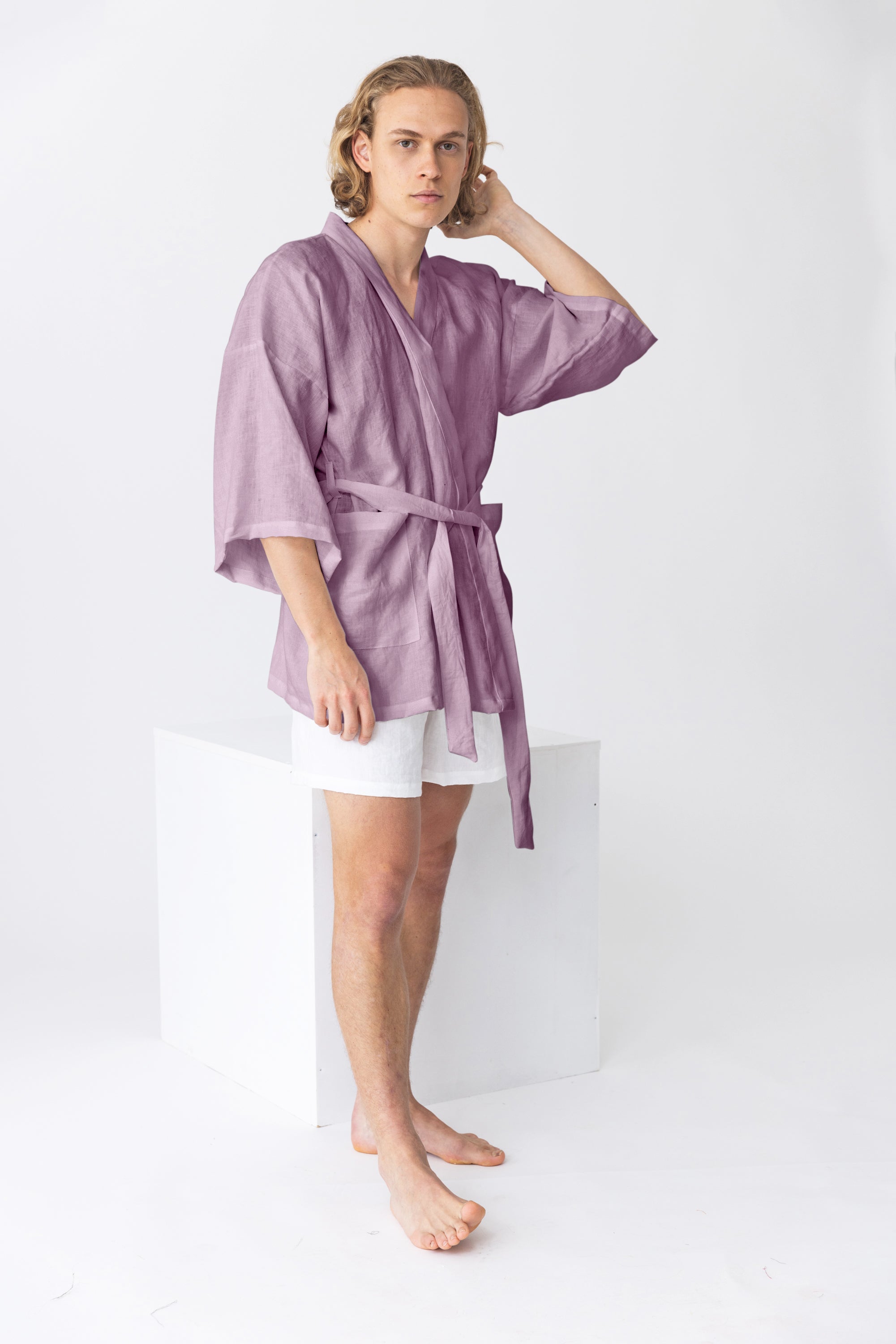 Short linen kimono robe lilac | Linenshed