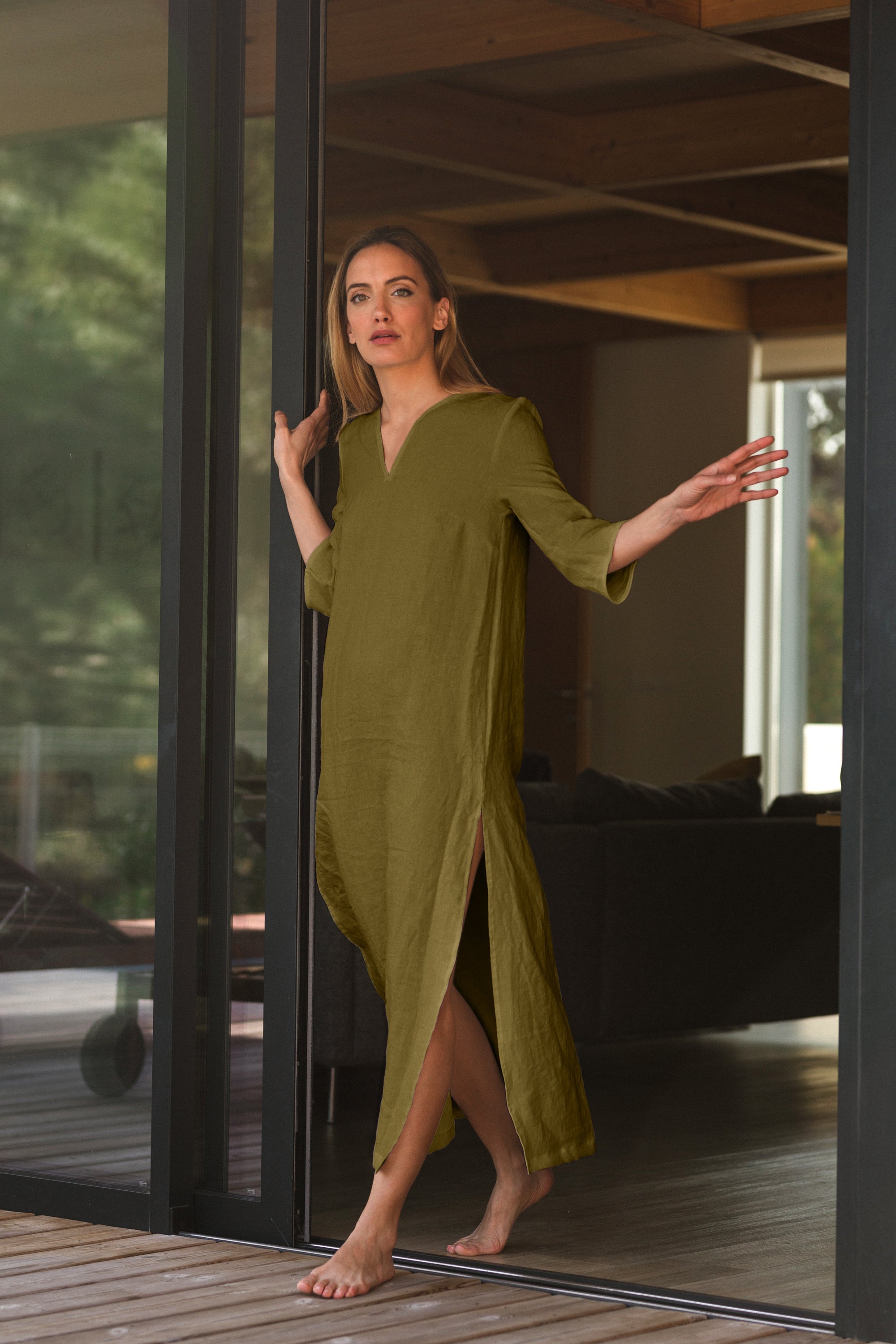Long linen tunic dress green olive | Linenshed